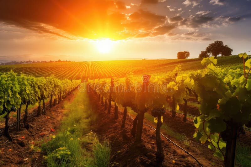 Vineyard with Rows of Vines at Sunset, Surrounded by Golden Sun Rays Stock Illustration ...