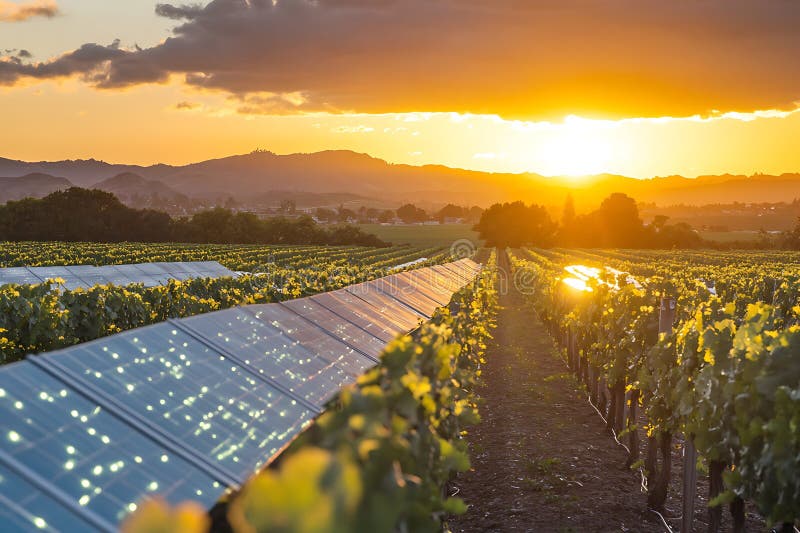 Vineyard Solar Panels at Sunset Stock Illustration - Illustration of ...