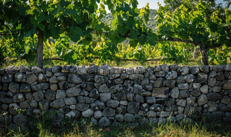 Vineyard with a Stone Wall and Grapevines Stock Photo - Image of ...