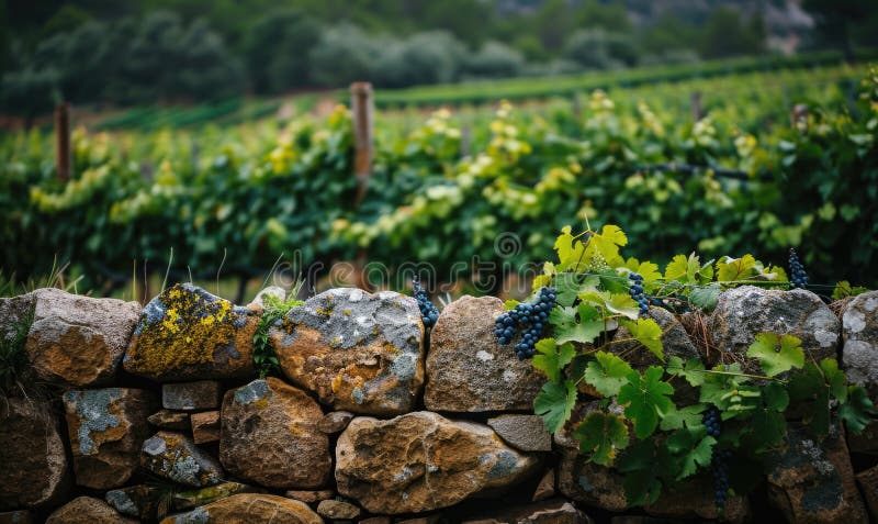 Vineyard with a Stone Wall and Grapevines Stock Image - Image of green ...