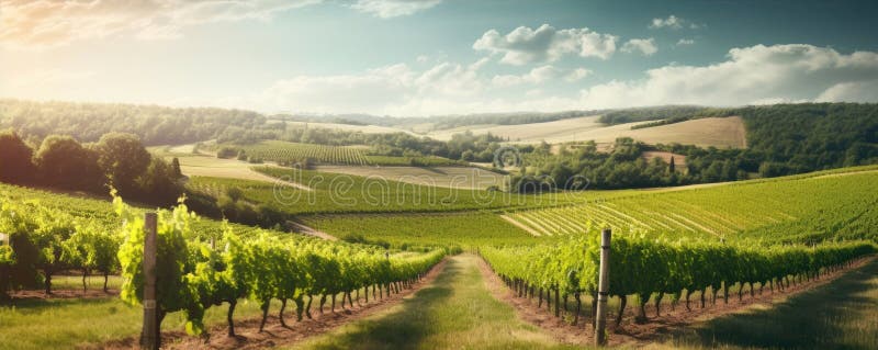 Vineyard at Sunrise or Sunset Stock Illustration - Illustration of rows ...