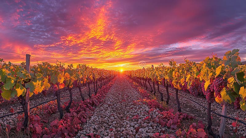 Vineyard at Sunset with Beautiful Colors in the Sky Stock Illustration ...
