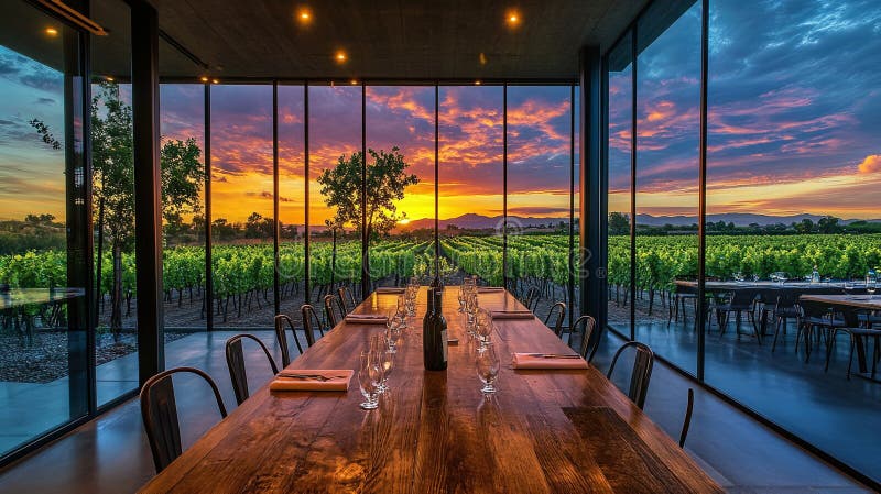 Vineyard Sunset Behind Tasting Table. Stock Image - Image of ...