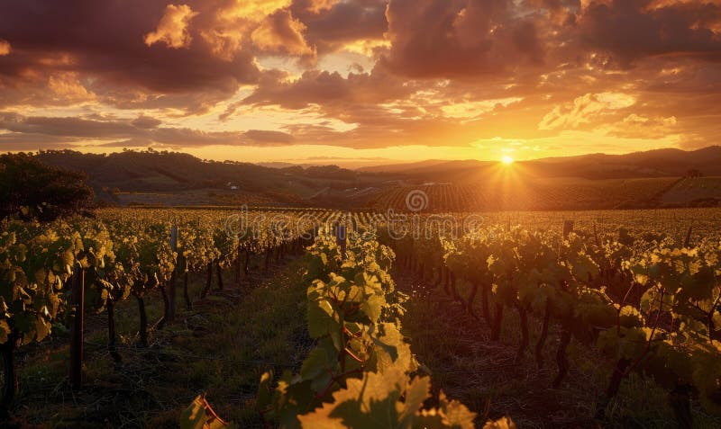 Vineyard at Sunset with Dramatic Clouds and Warm Light Stock Photo ...