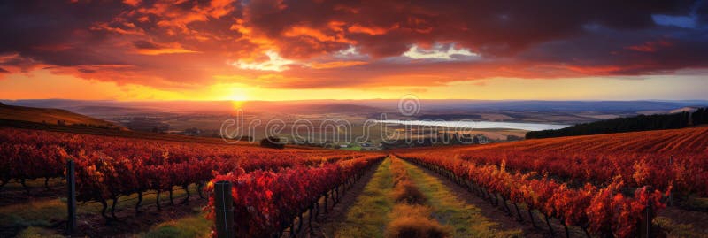 Vineyard at Sunset with Rows of Vines Changing Color Stock Illustration ...