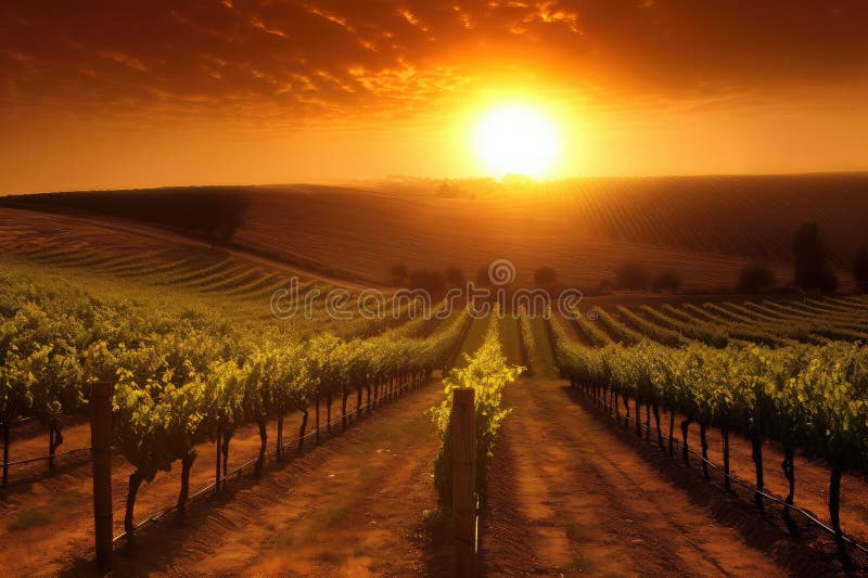 Vineyard at Sunset, with Warm Sun Setting on the Horizon Stock ...