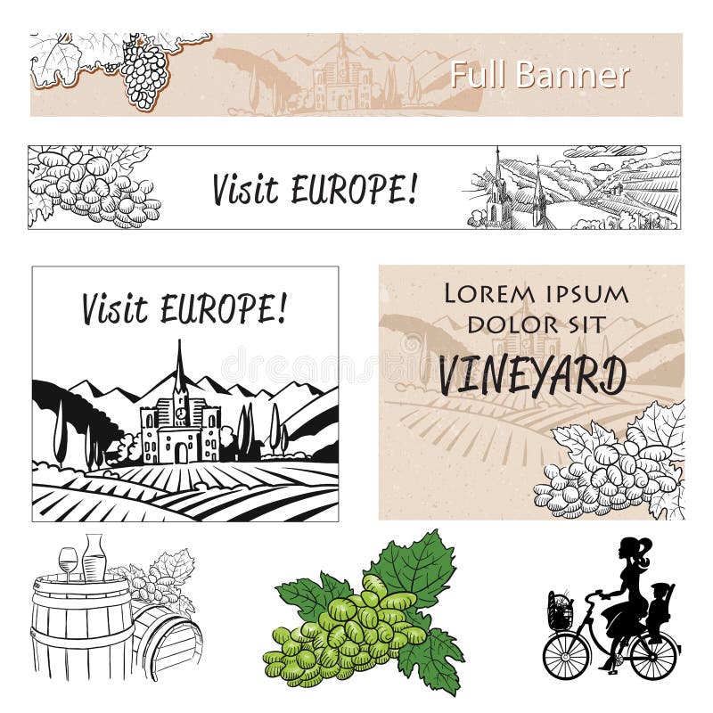 Vineyard Travel Banner Assets and Concept Layout Stock Vector ...