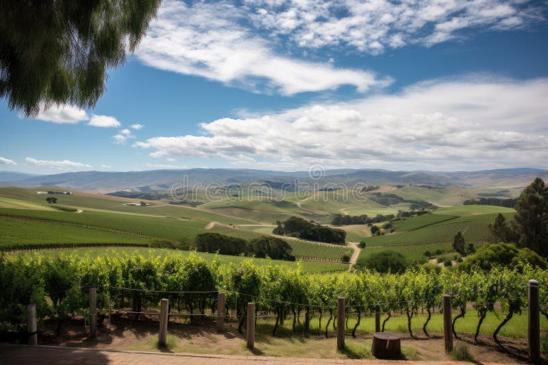 Vineyard with View of Rolling Hills and Distant Mountains Stock ...