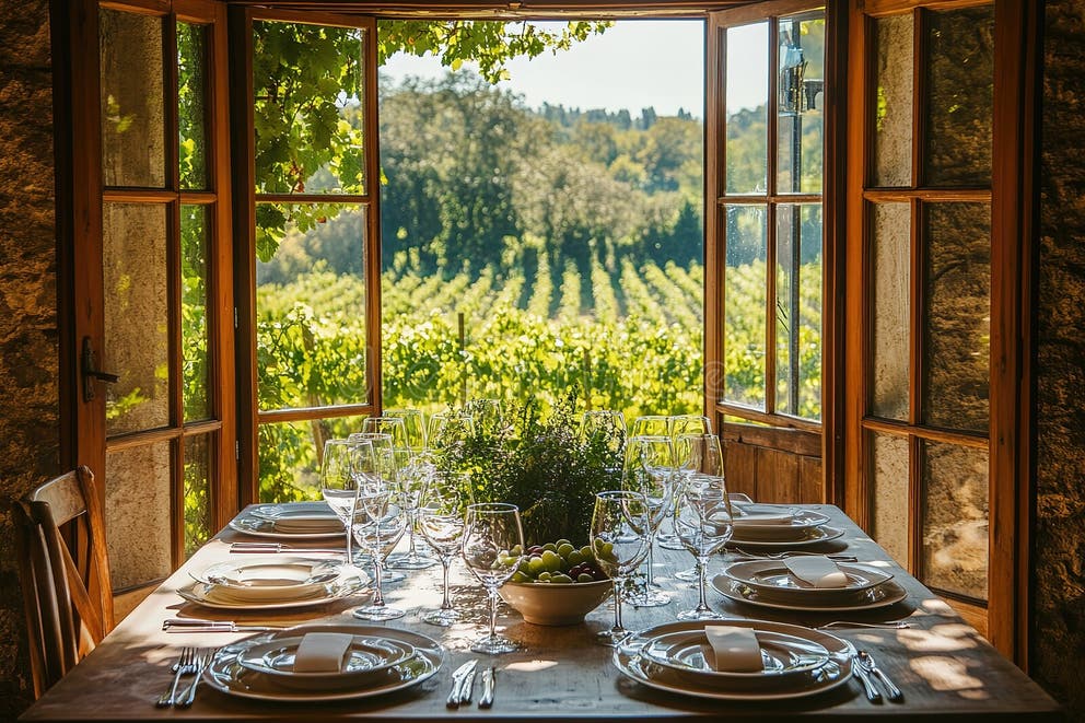 Vineyard View from Rustic Window with Table Setting and Crystal ...