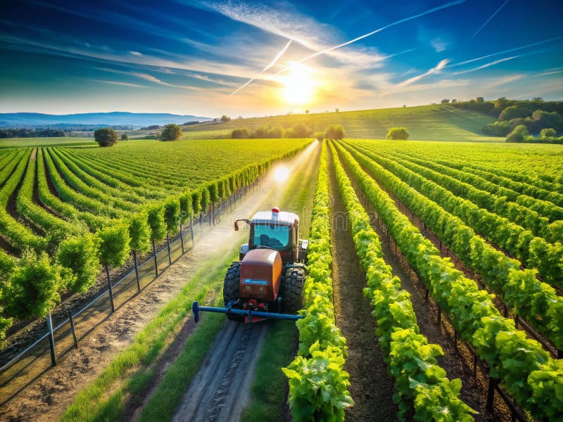 Vineyard Weed Control a Tractor Sprays Herbicide in a Lush Vineyard ...
