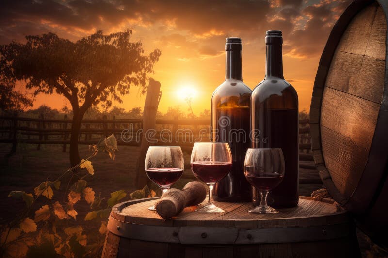 Vineyard Wine Bottle at Barrel. Generate Ai Stock Illustration ...