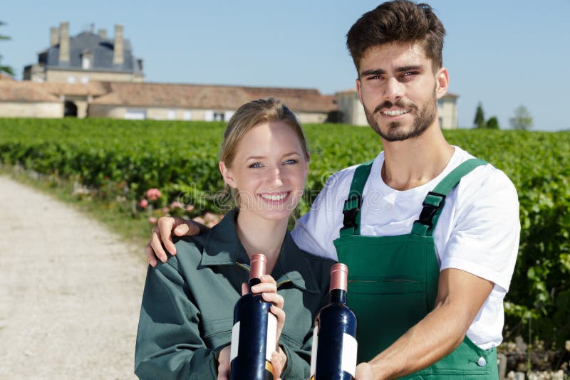 Vineyard Workers Holding Wine Bottle in Vineyard Stock Image - Image of ...