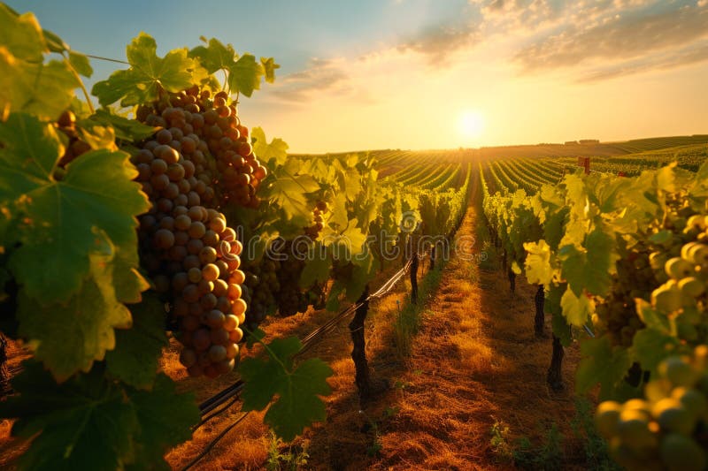 Vineyards with Ripe Grape at Sunset in Autumn Harvest. AI Generative ...