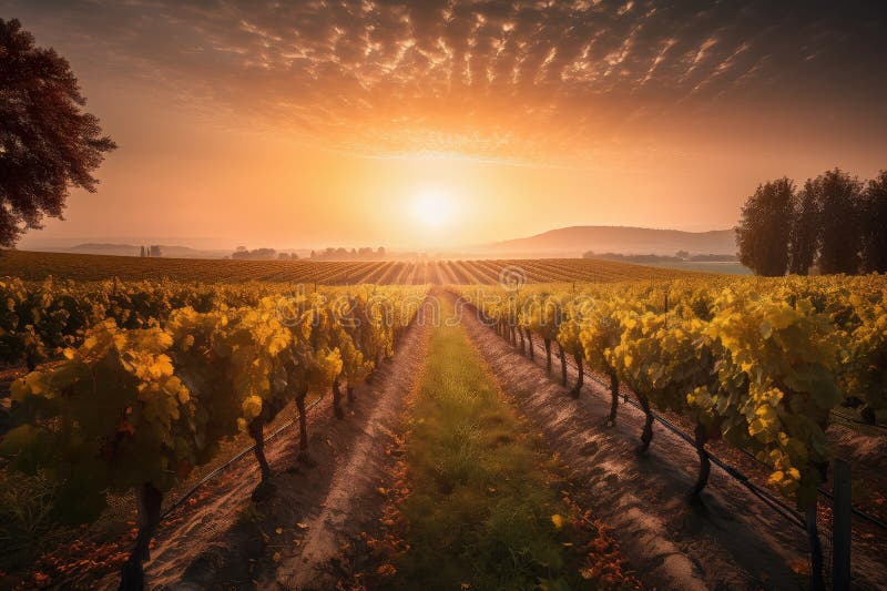 Vineyards, with the Sun Setting Behind Rows of Grapevines and a Warm ...