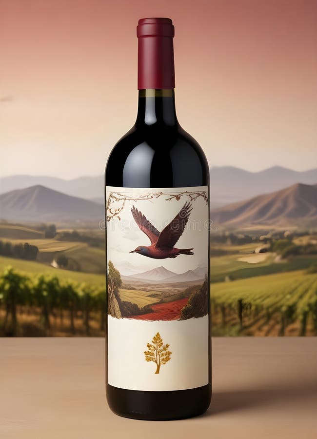 Vino Tinto Red Wine Bottle with Mountain Landscape and a Bird on the ...