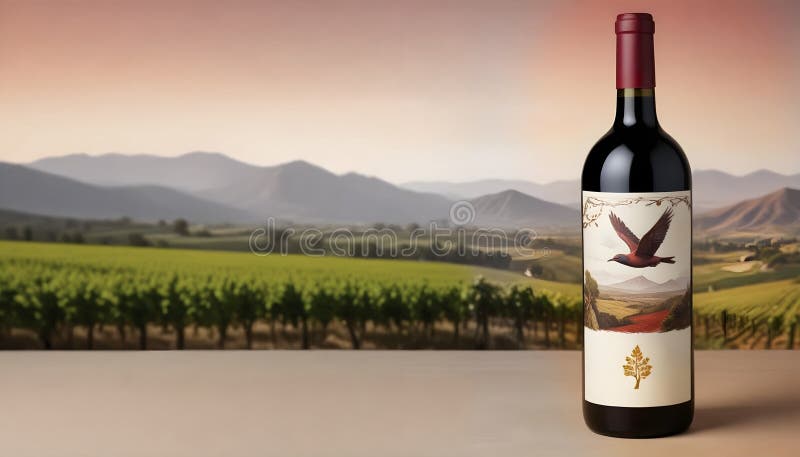 Vino Tinto Red Wine Bottle with Mountain Landscape and a Bird on the ...
