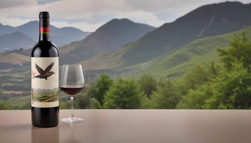 Vino Tinto Red Wine Bottle with Mountain Landscape and a Bird on the ...