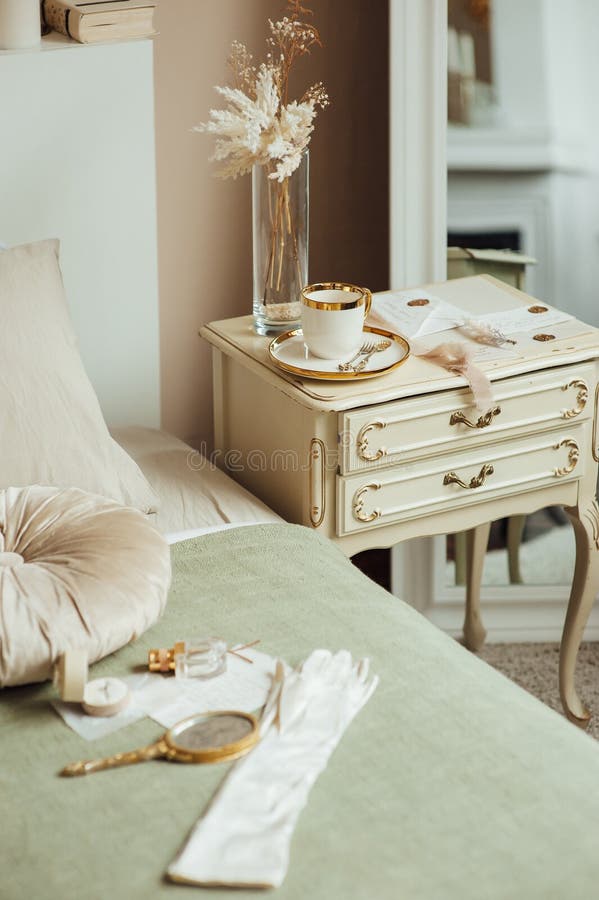 Vintage Accessories on the Bed and Bedside Table. Boho Style Stock ...