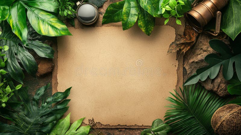 Vintage Adventure Background with Green Leaves and Old Objects Stock ...