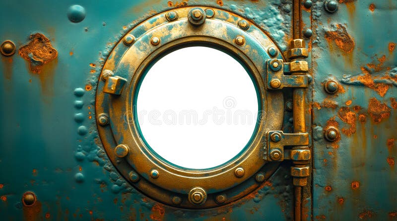 Vintage Aged Brass Ship Porthole Mounted on a Rusty Iron Hull with a ...