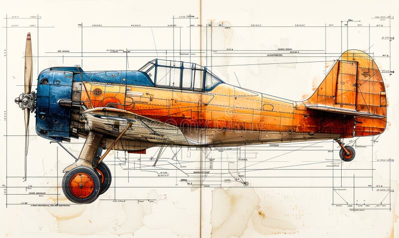 Vintage Aircraft On Engineering Blueprints Merging Historical Aviation