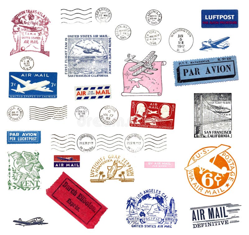 Vintage Airmail Labels and Stamps Stock Illustration - Illustration of ...