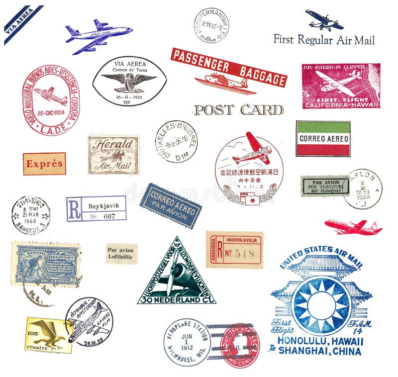 Vintage Airmail Labels and Stamps Stock Illustration - Illustration of ...