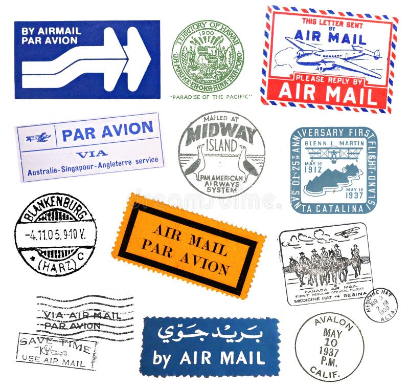 Vintage Airmail Labels and Stamps Stock Illustration - Illustration of ...