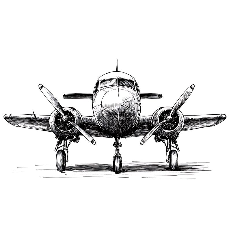 Vintage Airplane Drawing, Front View. Hand Drawn Sketch of a Propeller ...