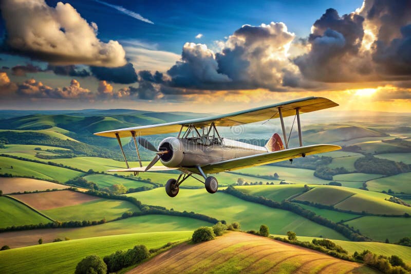 Vintage Airplane Flying Over a Countryside Stock Illustration ...