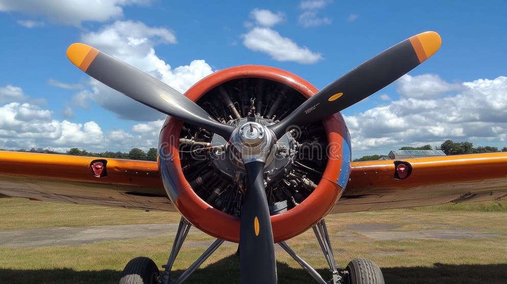Vintage Airplane Propeller Engine, Background Landscape Blue Sky Stock ...