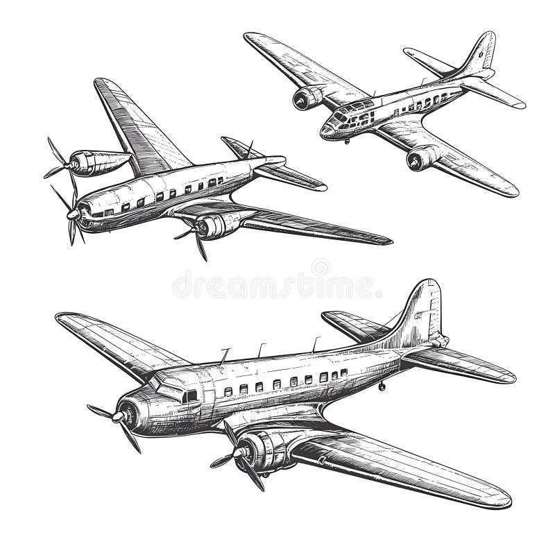 Vintage Airplane Sketches, Three Propeller Planes, Hand Drawn ...
