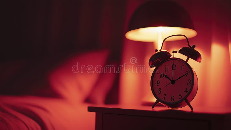 Vintage Alarm Clock on Bedside Table with Warm Red Lighting, Creating ...