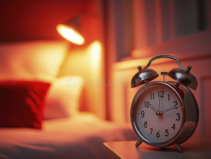 Vintage Alarm Clock on Bedside Table with Warm Red Lighting, Creating ...