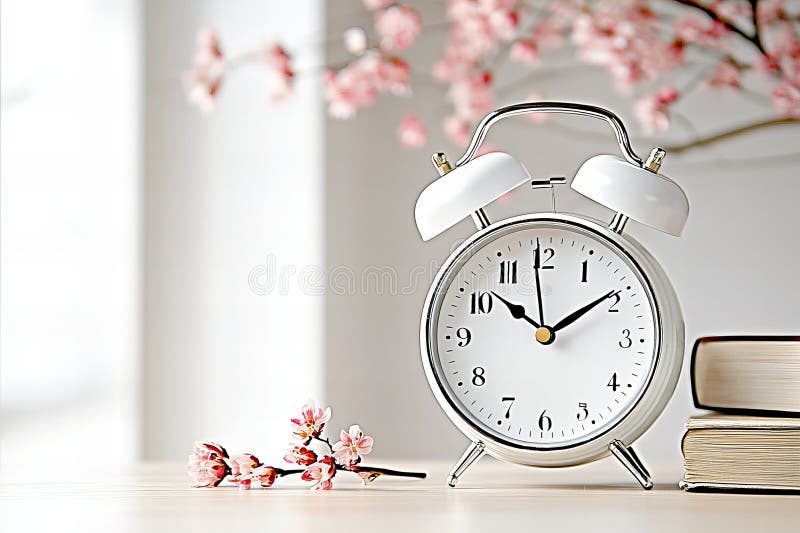 Vintage Alarm Clock with Cherry Blossoms and Books on a Bright Spring ...