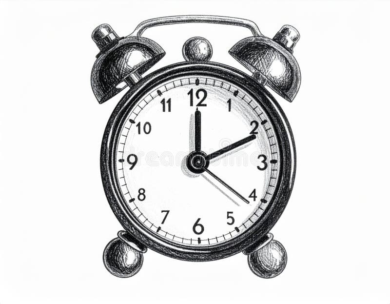 Vintage Alarm Clock Drawing in Black and White Stock Illustration ...