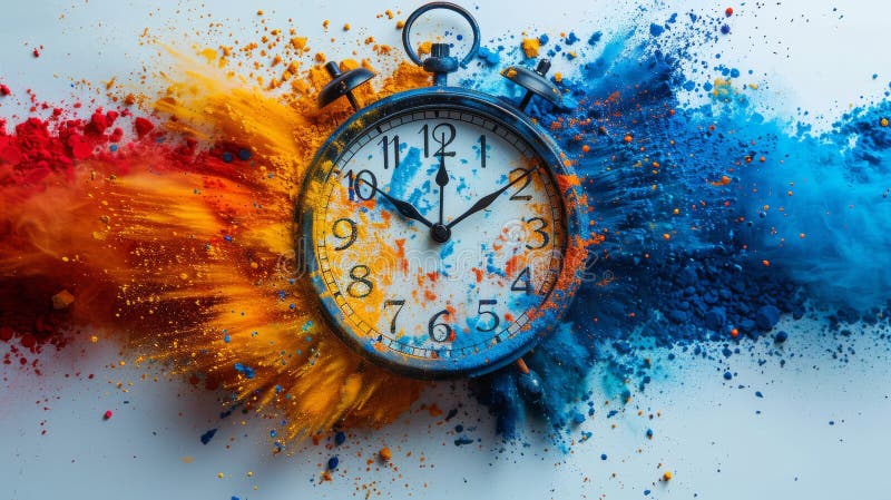 Vintage Alarm Clock with Exploding Colorful Powder Stock Image - Image ...