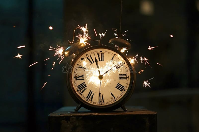 Vintage Alarm Clock Exploding with Sparks at Midnight Stock Image ...