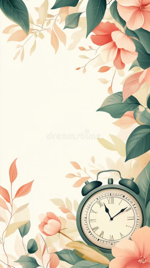 Vintage Alarm Clock with Floral Border on Pastel Background Stock ...