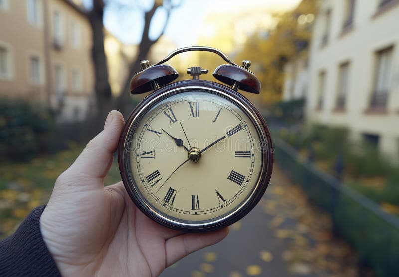 Vintage Alarm Clock in Hand Autumn Background High Quality Image Stock ...