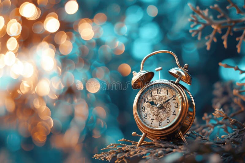 A Vintage Alarm Clock on a Magical Background with Christmas Tree ...
