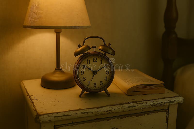 Vintage Alarm Clock Rests beside an Open Book Beneath a Warm, Inviting ...