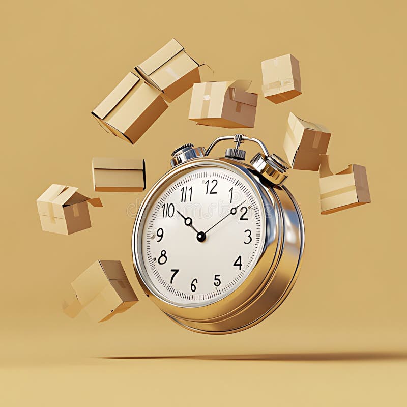 A Vintage Alarm Clock with a Set of Cardboard Boxes Flying Around it ...