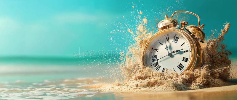 A Vintage Alarm Clock Shatters into a Cloud of Dust on Top of a Wooden ...