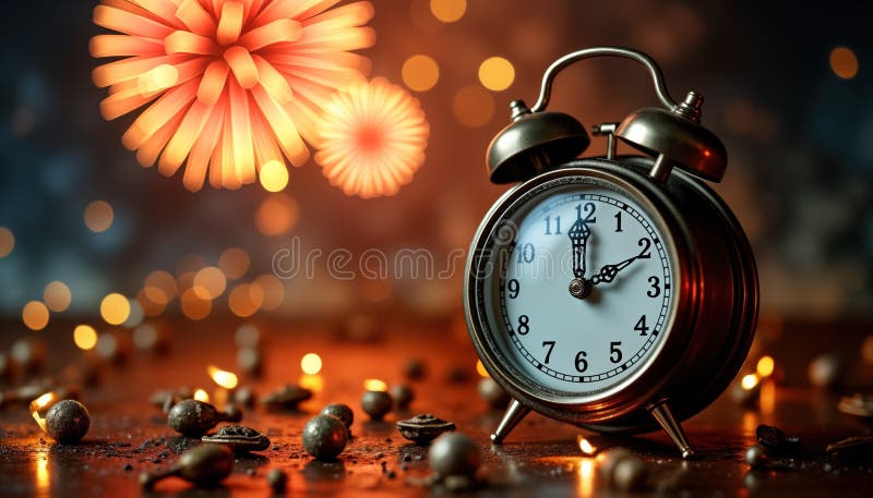 Vintage Alarm Clock Strikes Midnight. Fireworks Explode in Background ...
