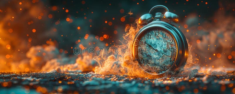 Vintage Alarm Clock Surrounded by Fiery Flames and Sparks in a Dramatic ...