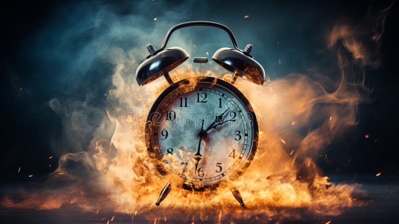 A Vintage Alarm Clock Surrounded by Flames on a Dark Background Creates ...