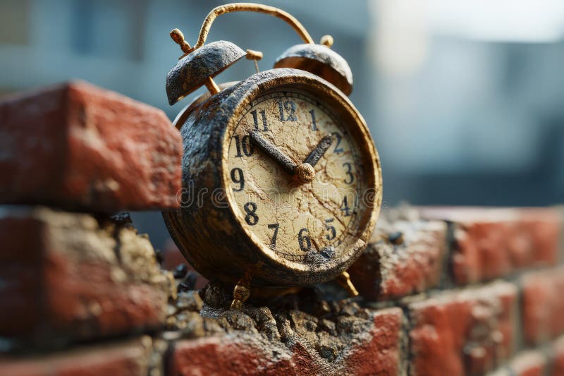 Vintage Alarm Clock on a Weathered Brick Wall in Soft Natural Light ...