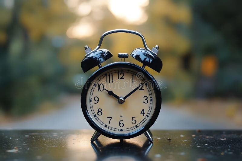 Vintage Alarm Clock by Window with Blurred City Lights Dusk Stock ...