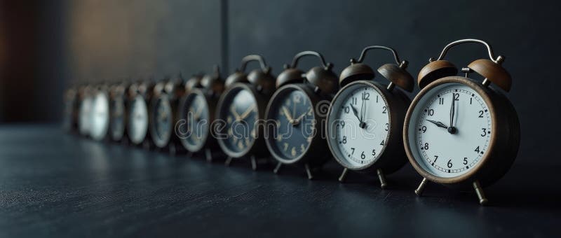 Vintage Alarm Clocks Lined Up in a Minimalist Setting Stock ...